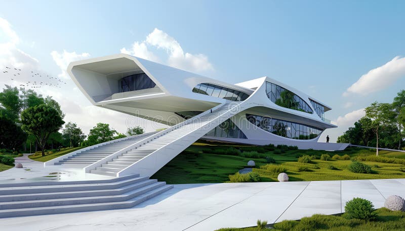 Modern Conceptual High Tech Building with Abstract Roof and Stairs ...