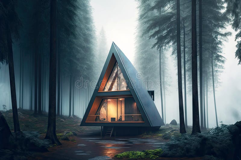Modern Conceptual Triangular Cottage in Forest in Fog of Tiny House ...