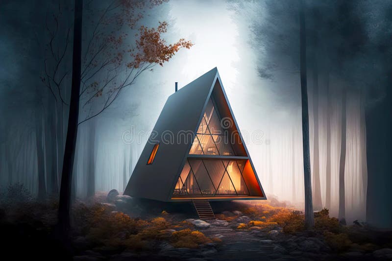 Modern Conceptual Triangular Cottage in Forest in Fog of Tiny House ...