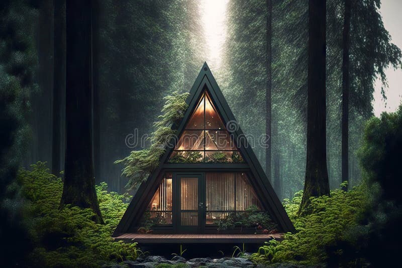 Modern Conceptual Triangular Cottage in Forest in Fog of Tiny House ...