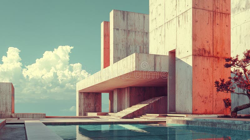 Modern Concrete Architecture with Reflecting Pool Under Cloudy Sky ...