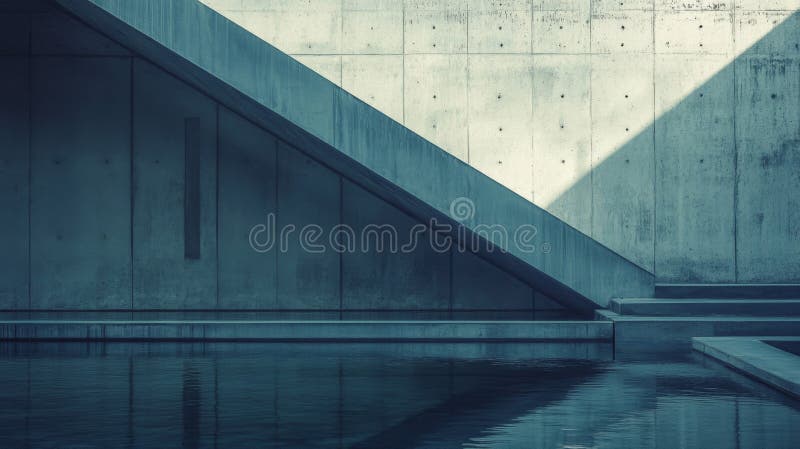 Modern Concrete Architecture with Teal Water Reflection Stock Illustration - Illustration of ...