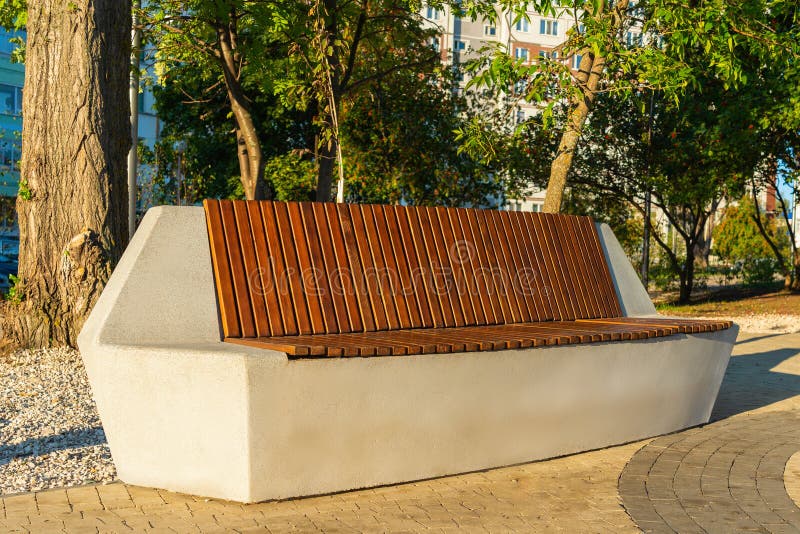 Modern Concrete Bench in the City Park at Dawn Stock Image - Image of ...