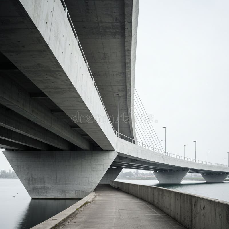 Modern Concrete Bridge with a Sleek, Curved Design Spans Over a Calm ...