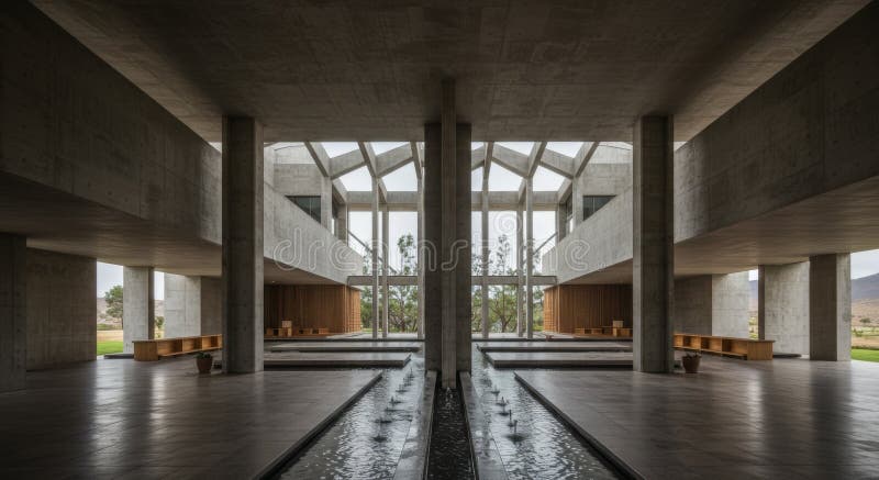 Modern Concrete Building Interior with Water Feature Stock Illustration ...