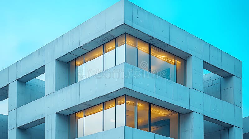 A Modern Concrete Building with Large Windows and a Blue Sky Stock ...