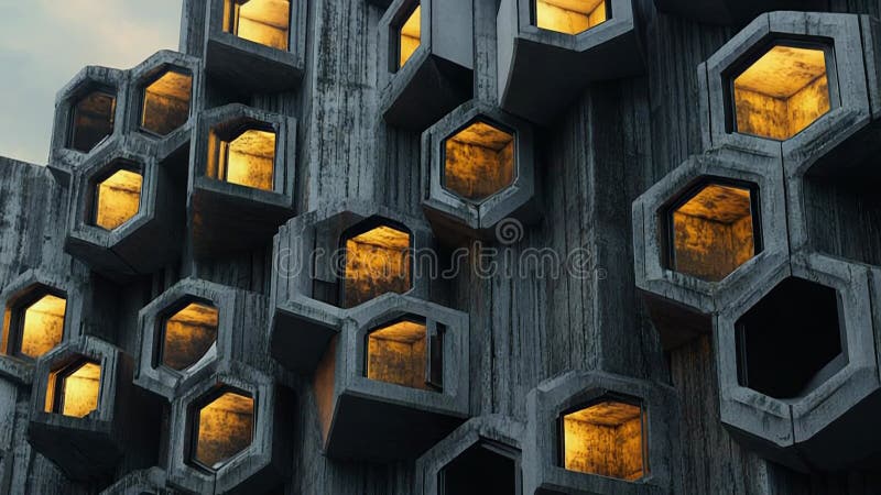 Modern Concrete Building Showing Hexagonal Windows at Dusk Stock ...