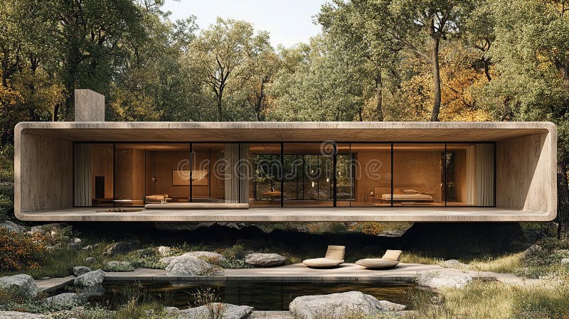 Modern Concrete Cabin in Autumn Forest with Pool Stock Illustration ...