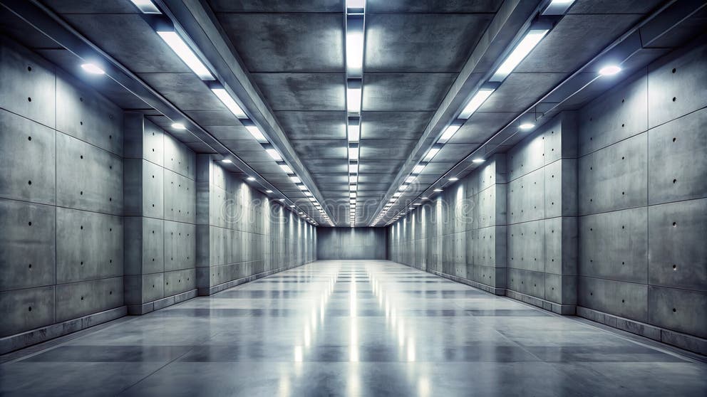 Modern Concrete Corridor with Linear Lighting and Reflective Floor ...
