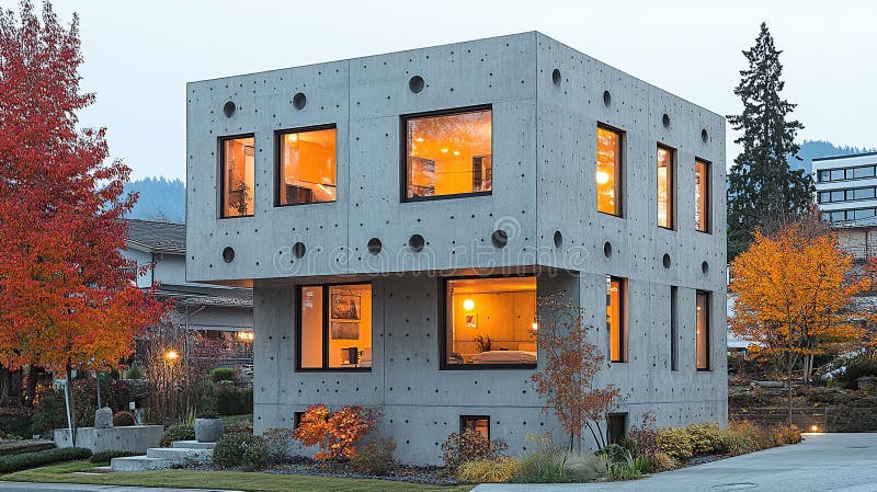 Modern Concrete Cube House with Warm Interior Light Stock Illustration ...