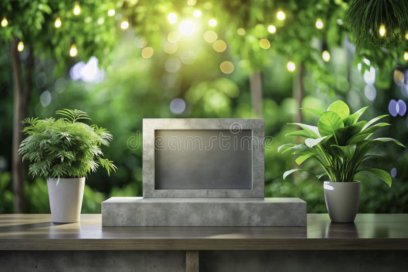 Modern Concrete Display Stand with Blank Screen Plants and Bench a ...