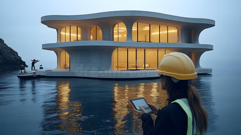 Modern Concrete Floating House Structure Stock Illustration ...