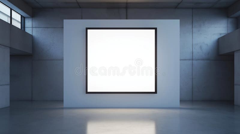 Modern Concrete Gallery Interior Empty White Illuminated Screen. Empty ...