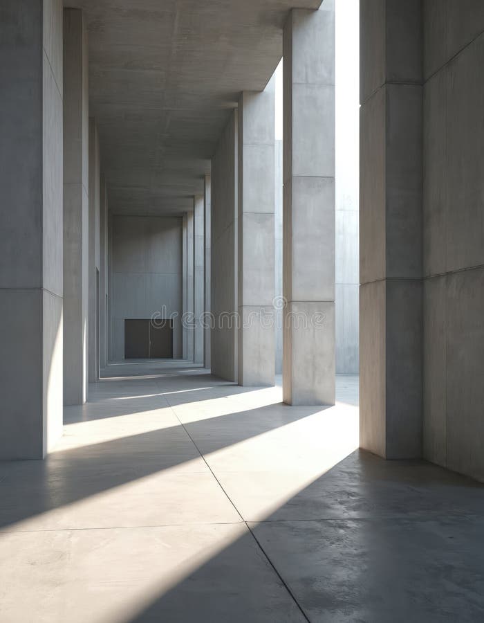 Modern Concrete Hall with Pillars, Long Shadows from Sunlight. Empty ...