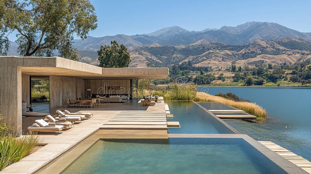 Modern Concrete Home with Expansive Lake Views and Multiple Pools Stock ...