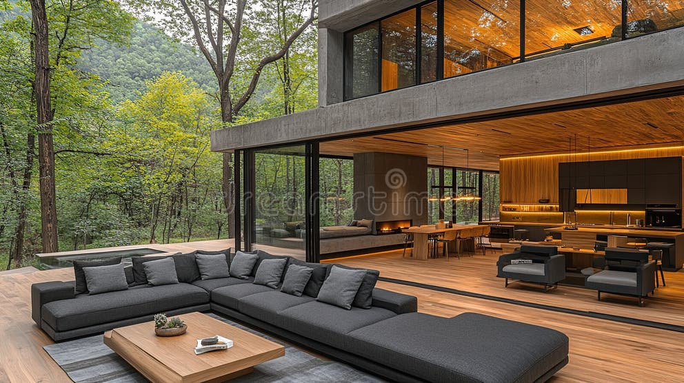 Modern Concrete Home with Forest View, Sectional Sofa on Deck Stock ...