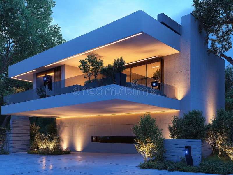 Modern Concrete House with Balcony and Garage Stock Illustration ...