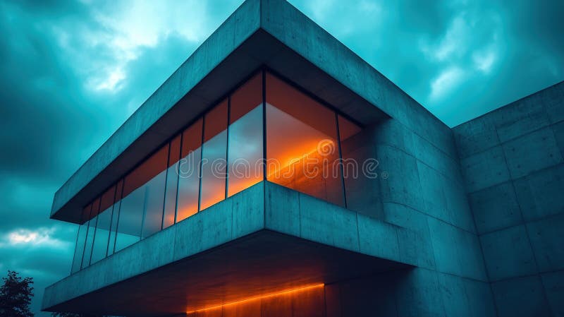 Modern Concrete House Corner Lit Up at Dusk Stock Illustration ...