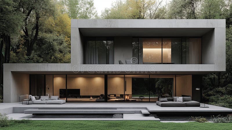Modern Concrete House, Forest Backdrop, Open Plan Living, Evening ...