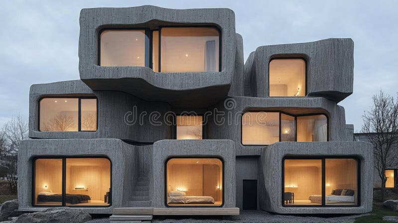 Modern Concrete House with Illuminated Windows at Dusk Stock Photo ...