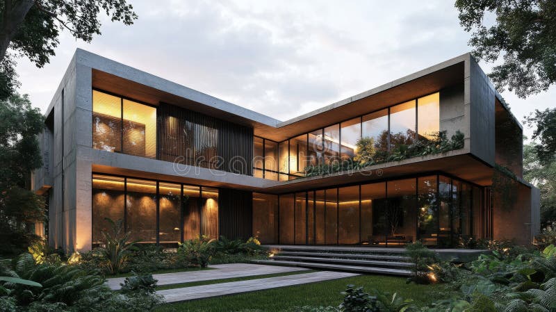 Modern Concrete House with Illuminated Windows at Night Stock ...
