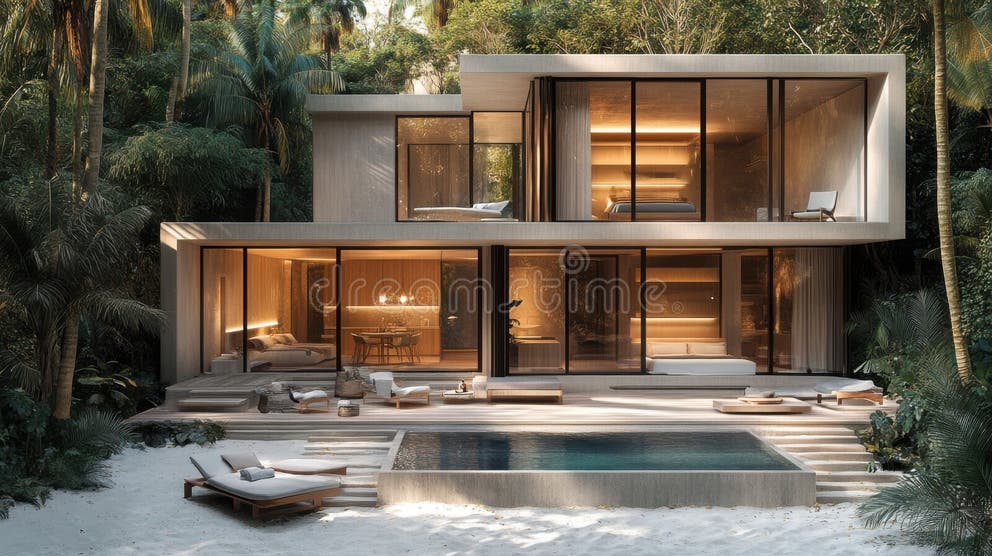 Modern Concrete House with Infinity Pool in Lush Tropical Setting Stock ...