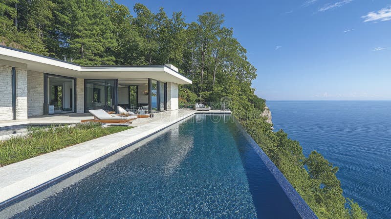 Modern Concrete House by Infinity Pool Overlooking Ocean Cliff and ...