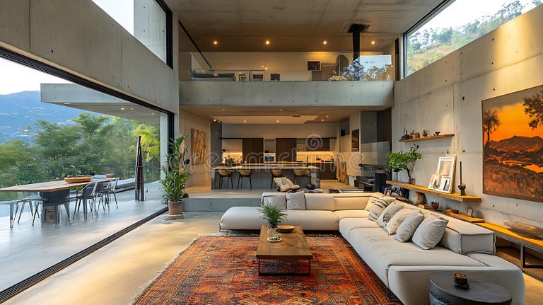 Modern Concrete House Interior with Open Floor Plan and Mountain View ...