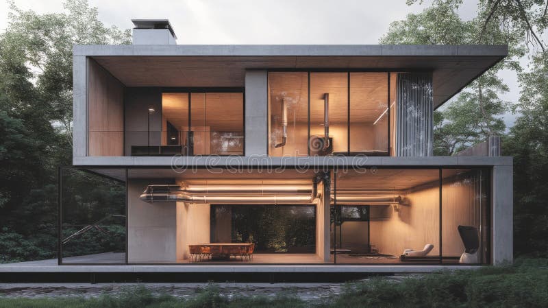 Modern Concrete House with Large Glass Windows at Night Stock ...
