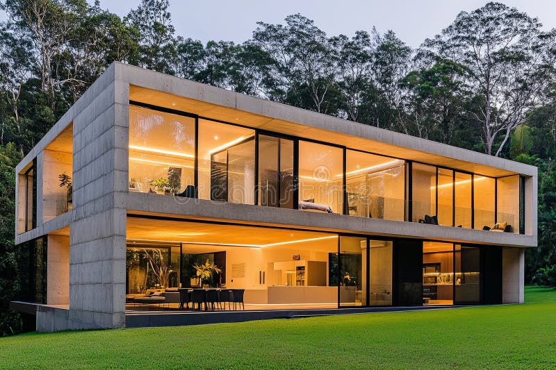 Modern Concrete House with Large Windows Overlooking a Lush Green Lawn ...