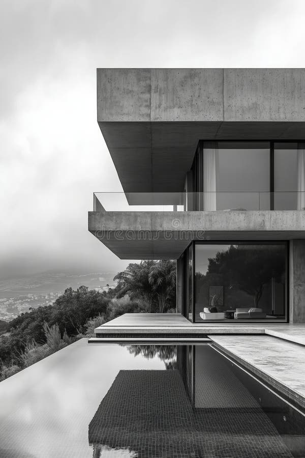 Modern Concrete House with Large Windows Overlooking Serene Landscape ...