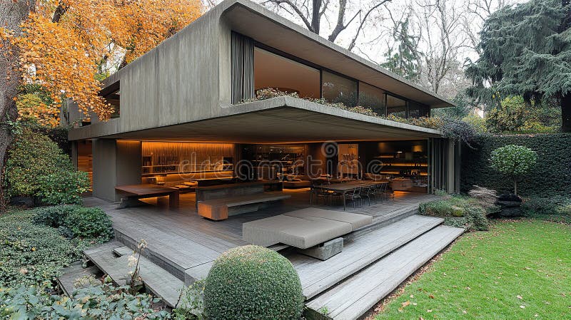 Modern Concrete House with Open-plan Living Area and Outdoor Deck Stock ...