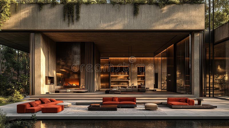 Modern Concrete House, Outdoor Lounge, Forest View, Sunset Stock ...