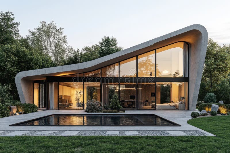 Modern Concrete House with Pool Evening Light Forest Setting Stock ...