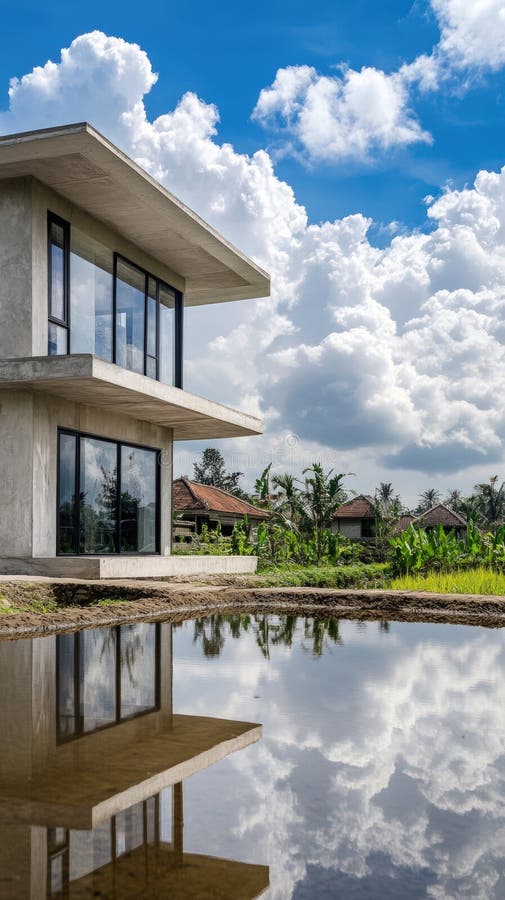 Modern Concrete House with Reflective Windows in Front of Cloudy Sky ...