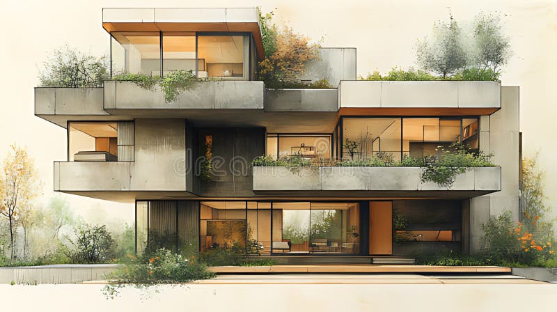 Modern Concrete House, Rooftop Garden, Sunset, Suburban Landscape ...