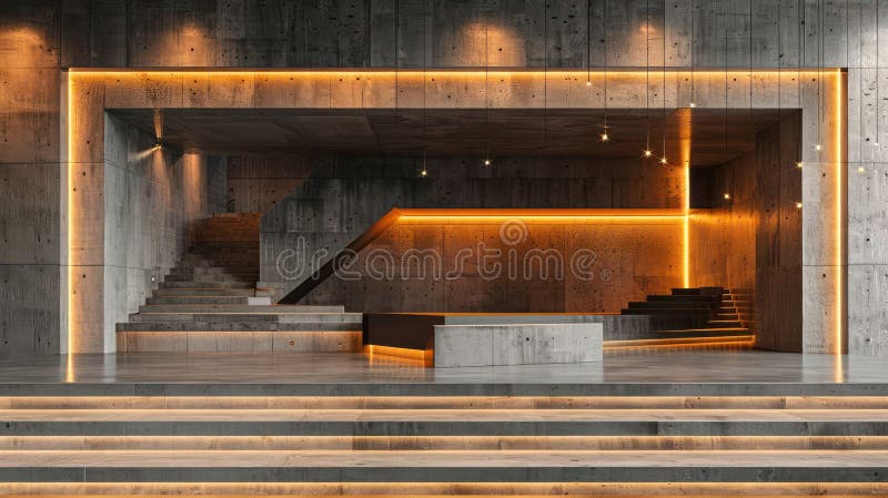 Modern Concrete Interior with Glowing Lights, Stairs and a Reception ...