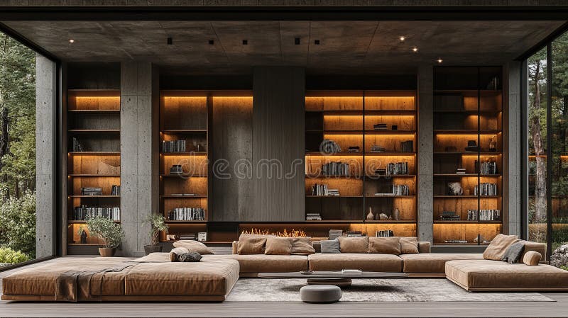 Modern Concrete Library Living Room with Fireplace and Garden View ...