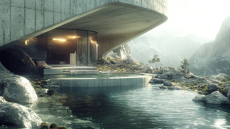 Modern Concrete Mountain Home with Pool Overlooking Valley Stock ...