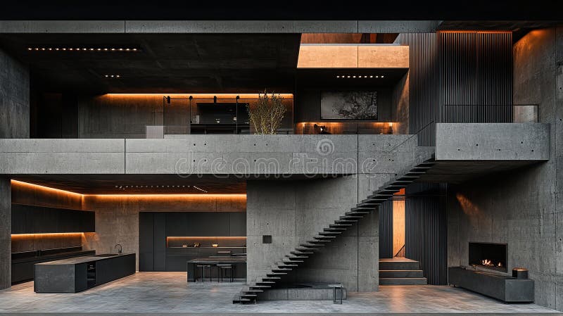 Modern Concrete Multi-level Home Interior Stock Illustration ...