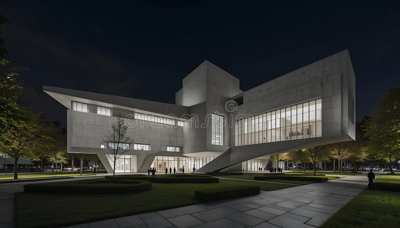 Modern Concrete Museum: Night-lit Architectural Design Stock ...