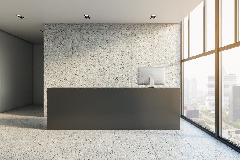 Modern Concrete Office Interior with Reception Desk and Panoramic ...