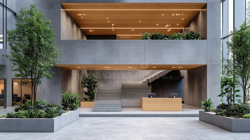 Modern Concrete Office Lobby with Plants, Stairs, and Reception Desk ...