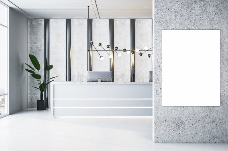 Modern Concrete Office Reception with Blank White Mock Up Banner on ...
