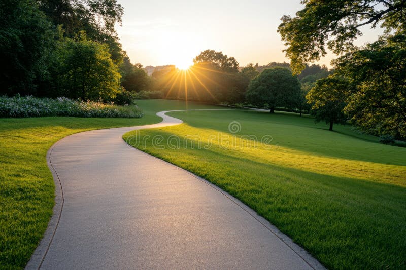 Modern Park Pathway with Green Landscaping Stock Photo - Image of ...