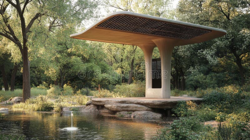 Modern Concrete Pavilion in Lush Green Park Setting Stock Illustration ...
