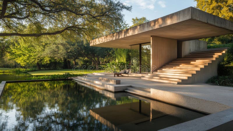 Modern Concrete Pavilion with Reflecting Pool and Landscaping Stock ...
