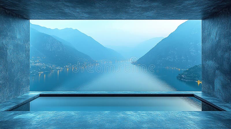 Modern Concrete Pool Overlooking a Tranquil Lake Stock Illustration ...