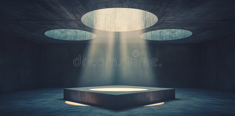 A Modern Concrete Room with Circular Lights, a Podium, and Rough ...