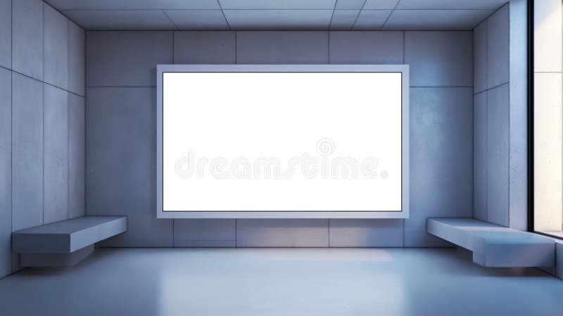 Modern Concrete Room Gallery Features Empty White Illuminated Screen ...